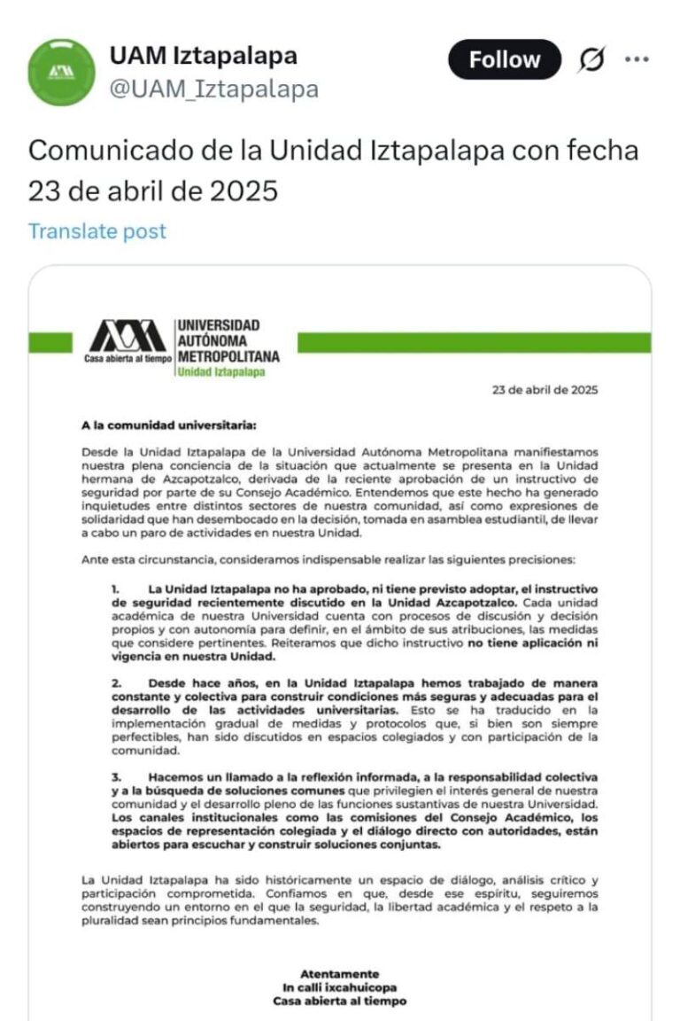 UAM Iztapalapa se pronuncia por instructivo de seguridad en la Unidad Azcapotzalco | Generación ...